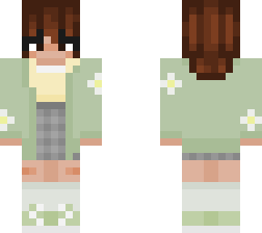 girl with brown hair, green cardigan w/ daisies, a plaid skirt, and ...